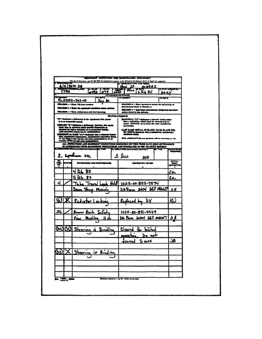 Figure 11 DA Form 2404 Used For Follow On Actions To Operator Crew PMCS Figure 11 DA Form 2404 Used For Follow On Actions To Operator Crew PMCS